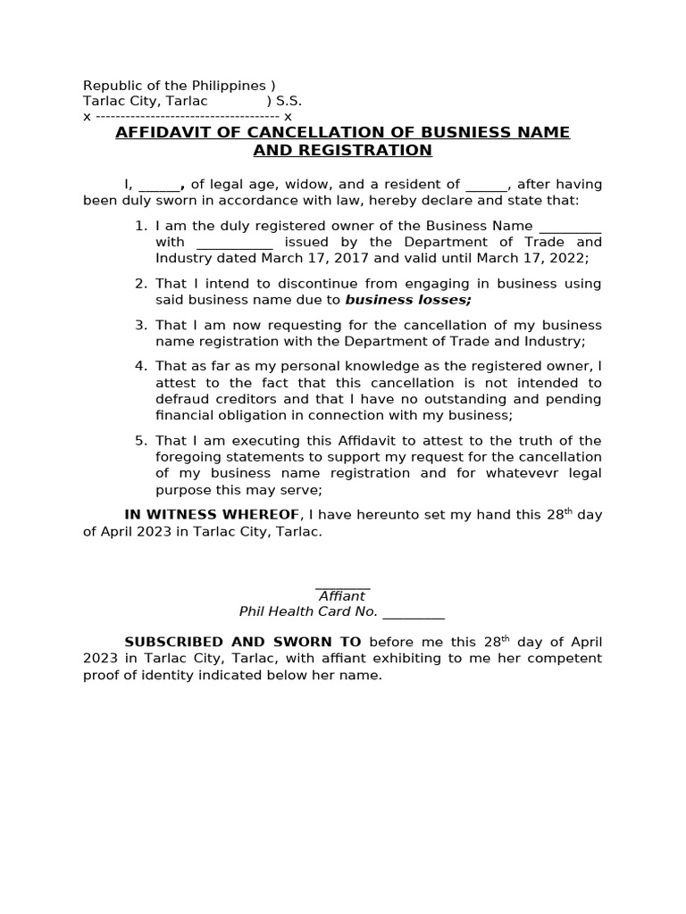Affidavit for Business Name Cancellation | PDF