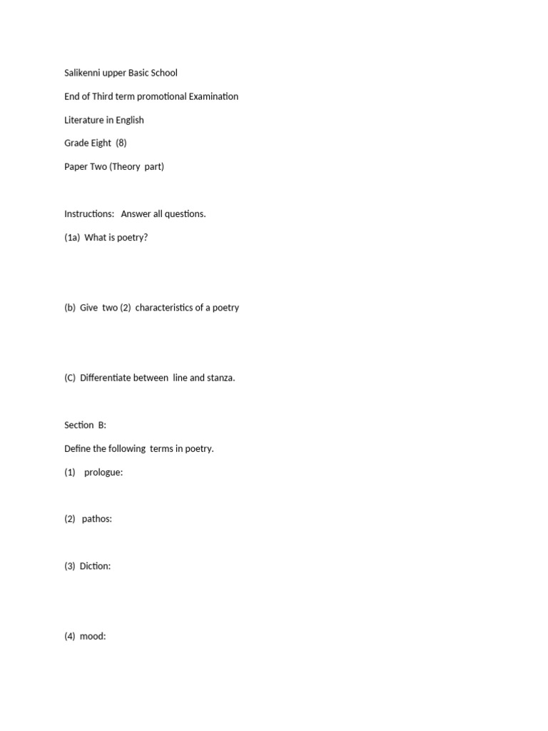 Grade 8 Literature Exam: Poetry Focus | PDF