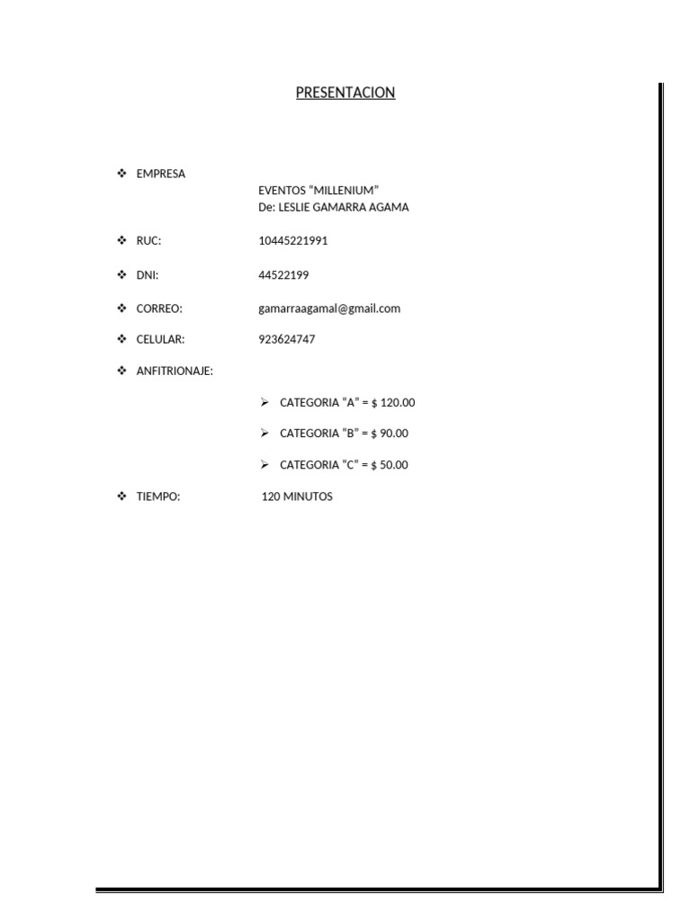 Presentacion Emp. Eventos Millenium - Anfitrionaje. | PDF