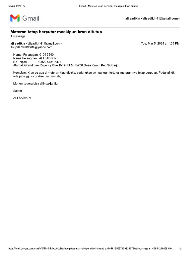 Pengaduan PDAM | PDF
