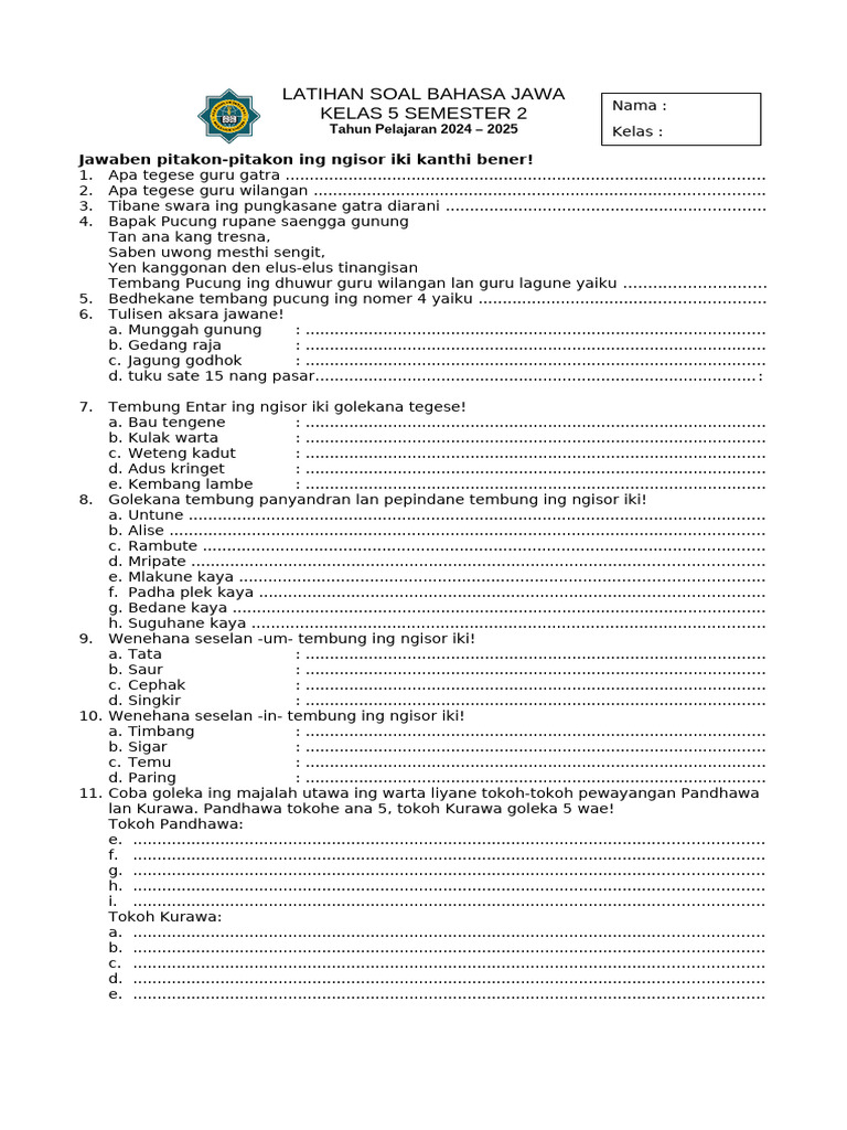 Latihan Soal Bahasa Jawa Kelas 5 Semester 2 2025 | PDF