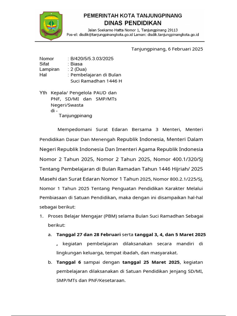 Surat Edaran Pembelajaran Bulan Ramadhan 1446 H. 2025 M.. | PDF