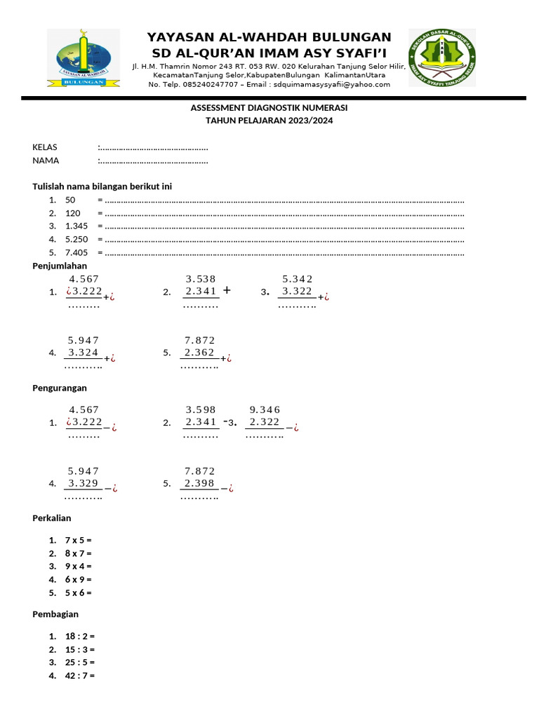 Assessment Diagnostik Numerasi 2023/2024 | PDF
