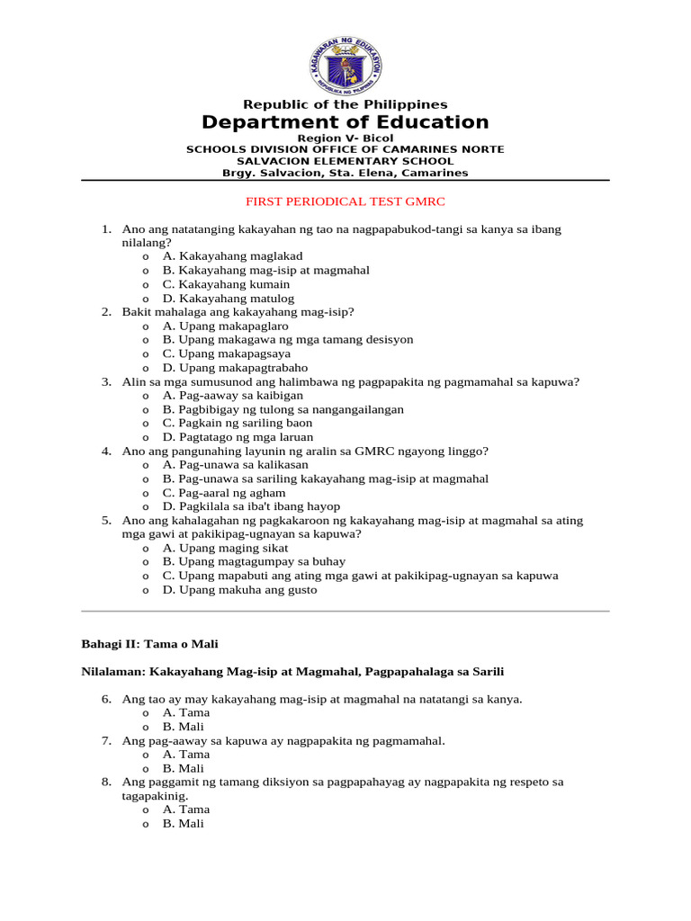 GMRC 4 First Periodical Test | PDF