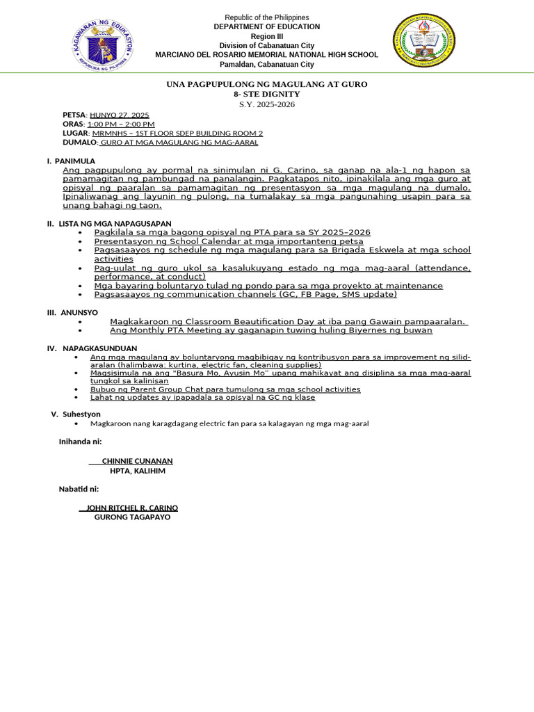 Pta Minutes Template 2025 2026 | PDF