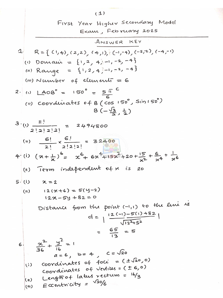 Hsslive Xi Maths Key Lal Model 2025 | PDF