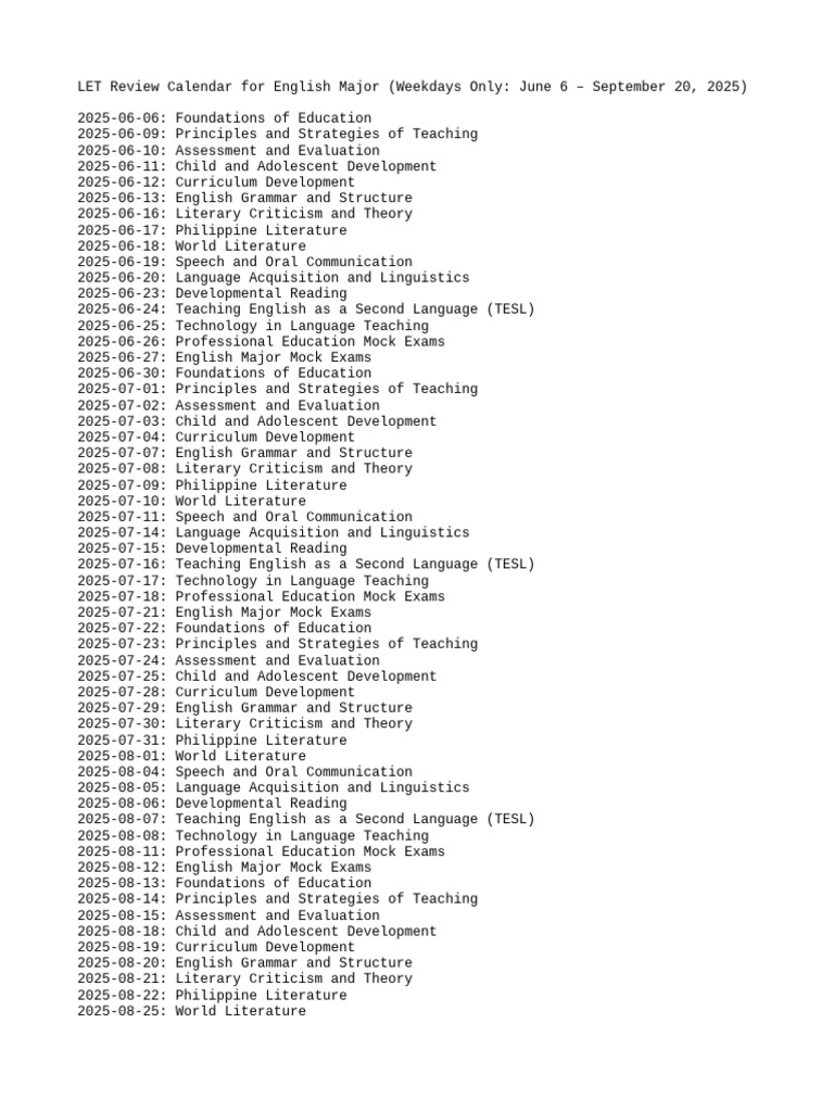 LET Review Calendar Weekdays Only | PDF | Linguistics | Language Education