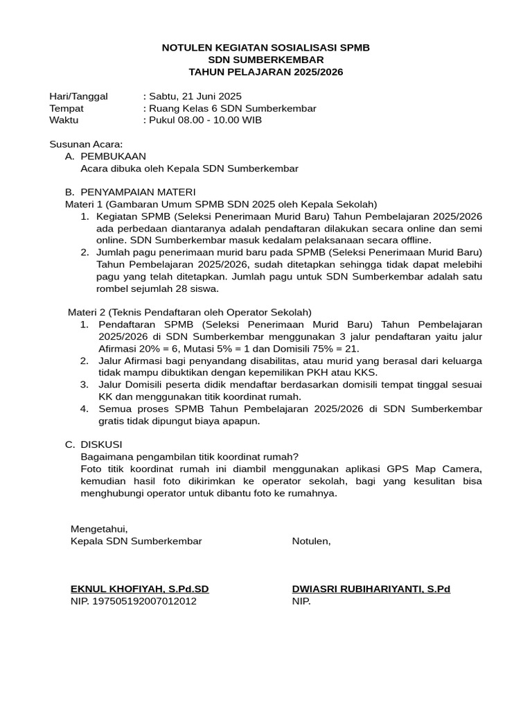 Notulen Sosialisasi SPMB SDN 2025 | PDF