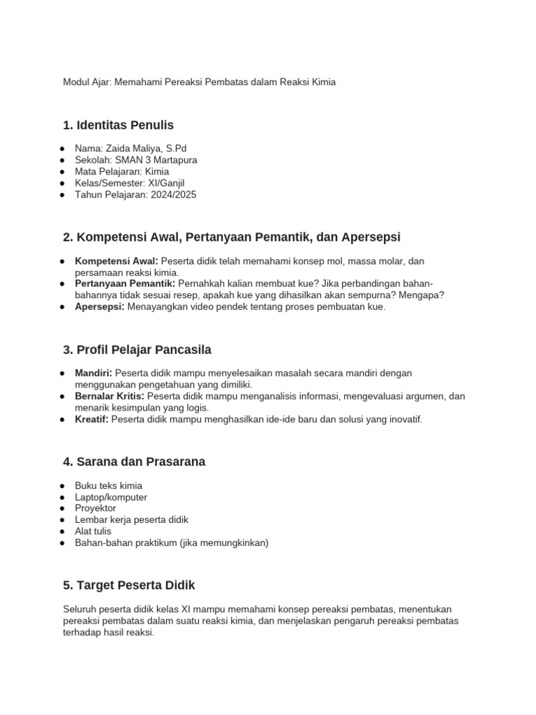 Zaida Maliya - Modul Ajar Kimia - Pereaksi Pembatas - Gemini AI - IHT 020924 | PDF