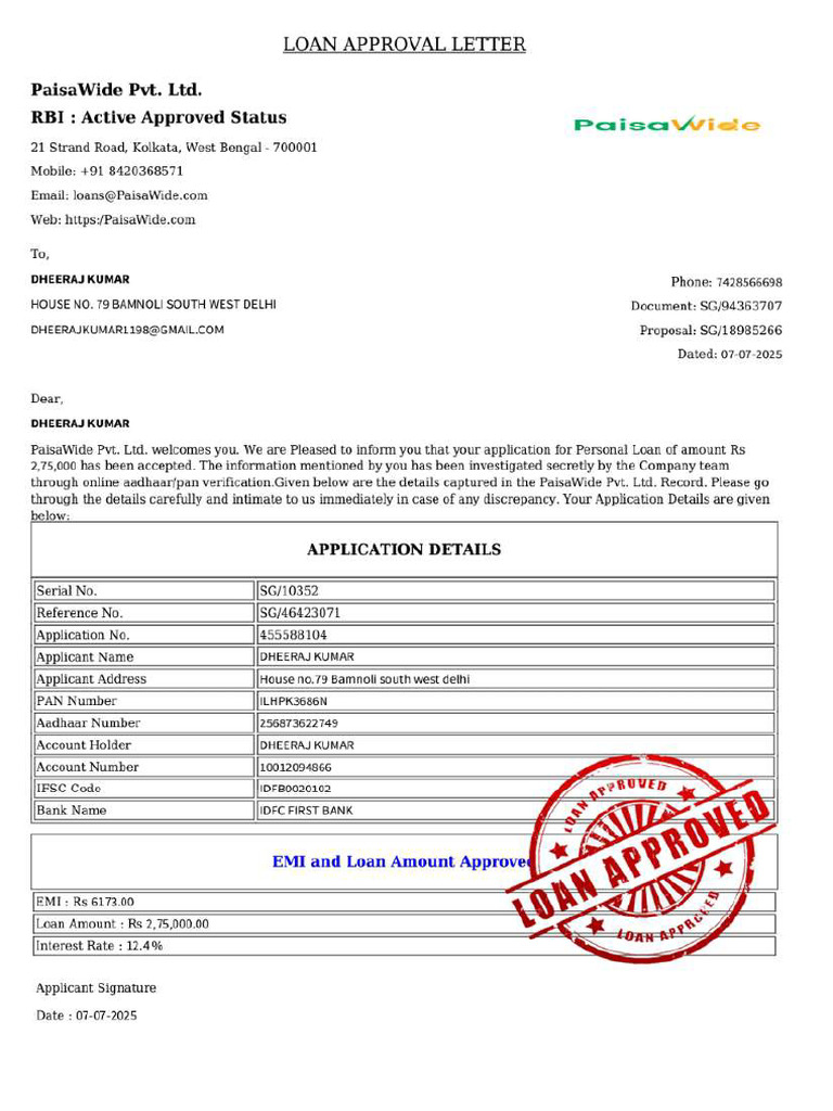 Dheeraj Kumar Approval | PDF