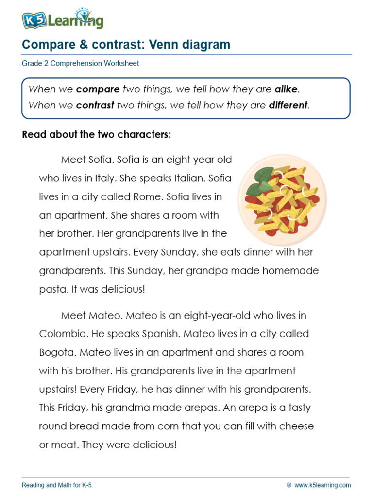 Worksheet 4 Compare & Contrast - Venn Diagram - Reading Comprehension | PDF