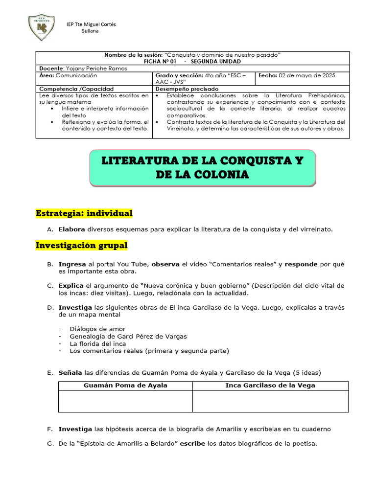 Copia 1° Literatura de La Conquista y de La Colonia Actividades 4to Año ...