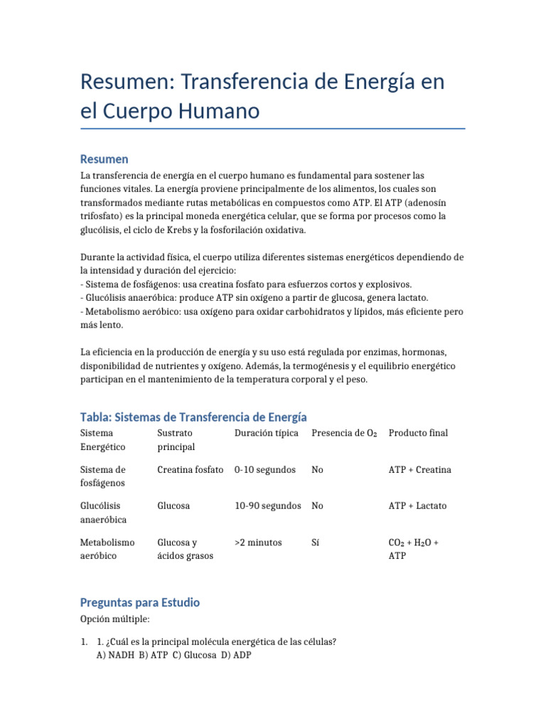 Transferencia Energia Cuerpo Resumen | PDF | Trifosfato de adenosina | Respiración celular