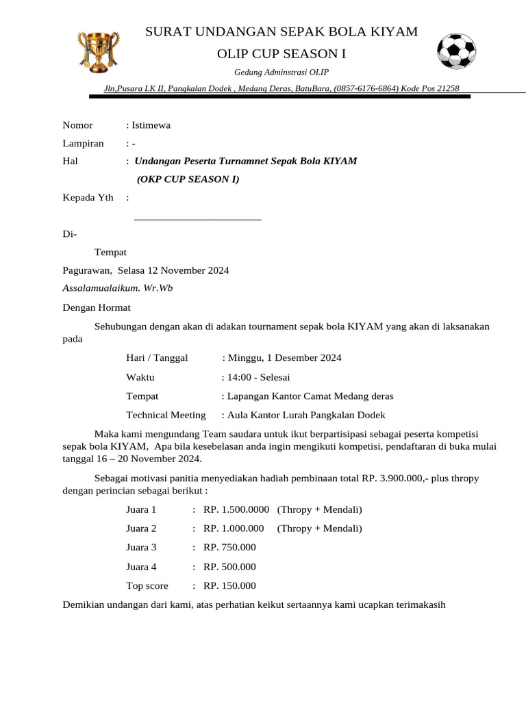 Surat Undangan Sepak Bola Kiyam | PDF