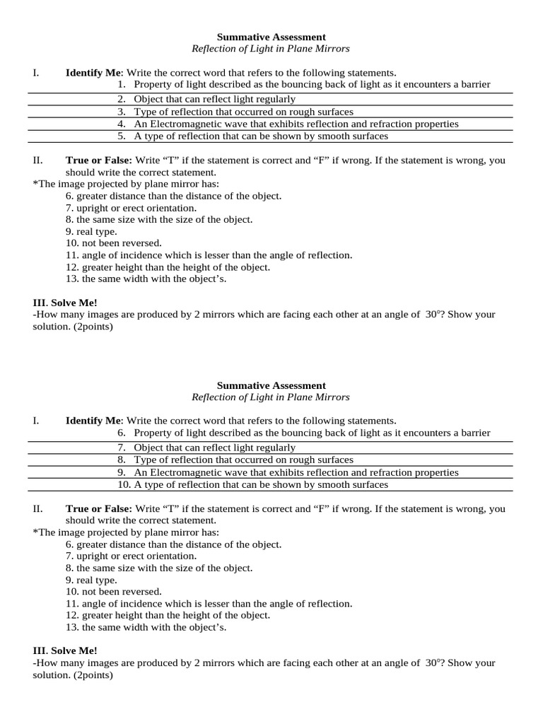 Summative Assessment On Plane Mirrors | PDF | Reflection (Physics) | Mirror