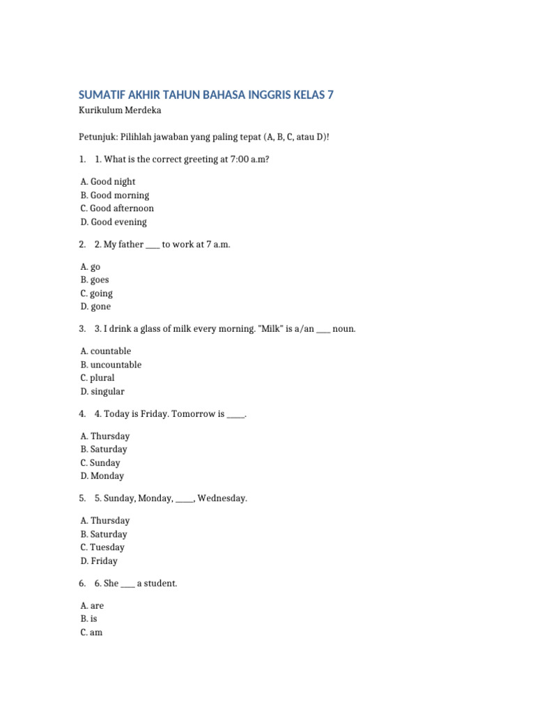 Soal Sumatif Bahasa Inggris Kelas 7 Dan Kunci Jawaban | PDF | Linguistics | Linguistic Morphology