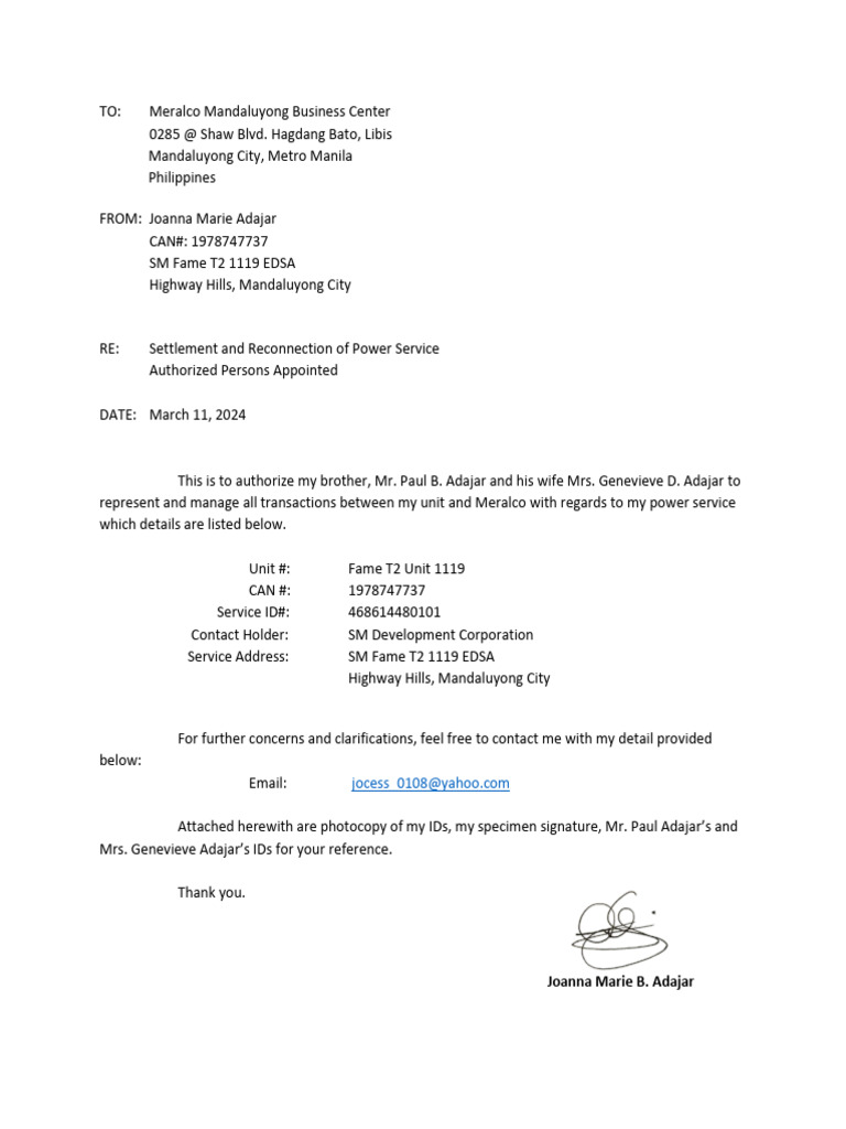 Meralco Authorization Letter | PDF