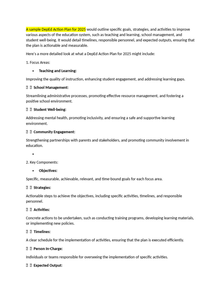 A Sample DepEd Action Plan For 2025 Would Outline Specific Goals | PDF ...