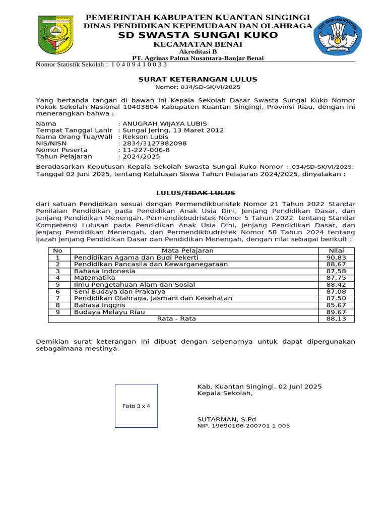 Surat Keterangan Lulus SD 2025 | PDF