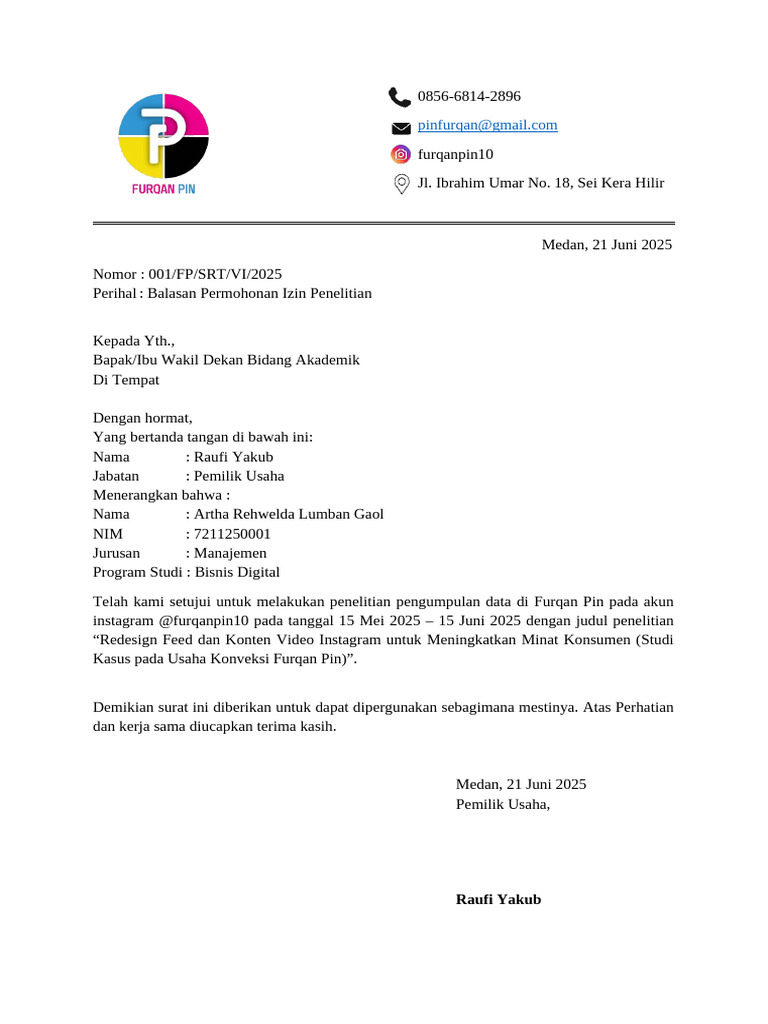 Contoh Surat Balasan Penelitian | PDF