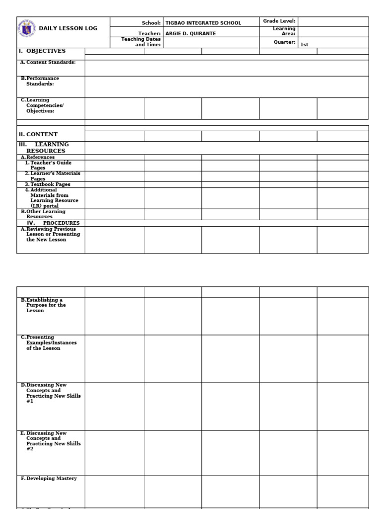 Daily Lesson Log Template Edited | PDF
