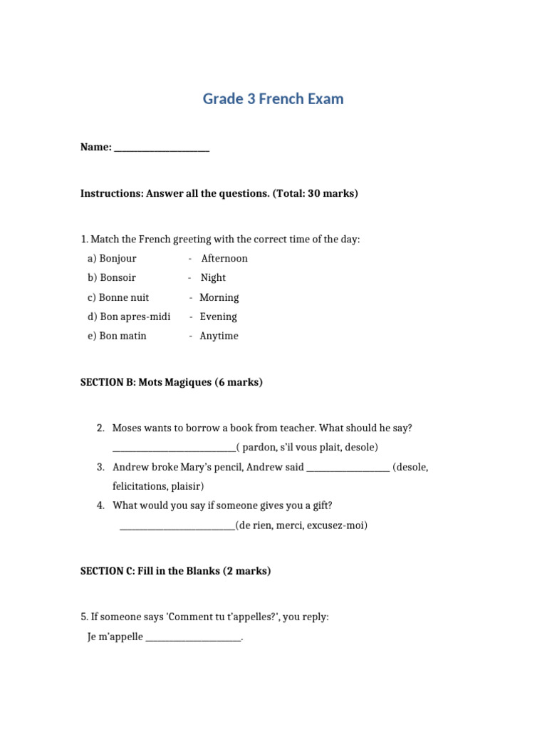 Grade 3 French Exam Instructions | PDF