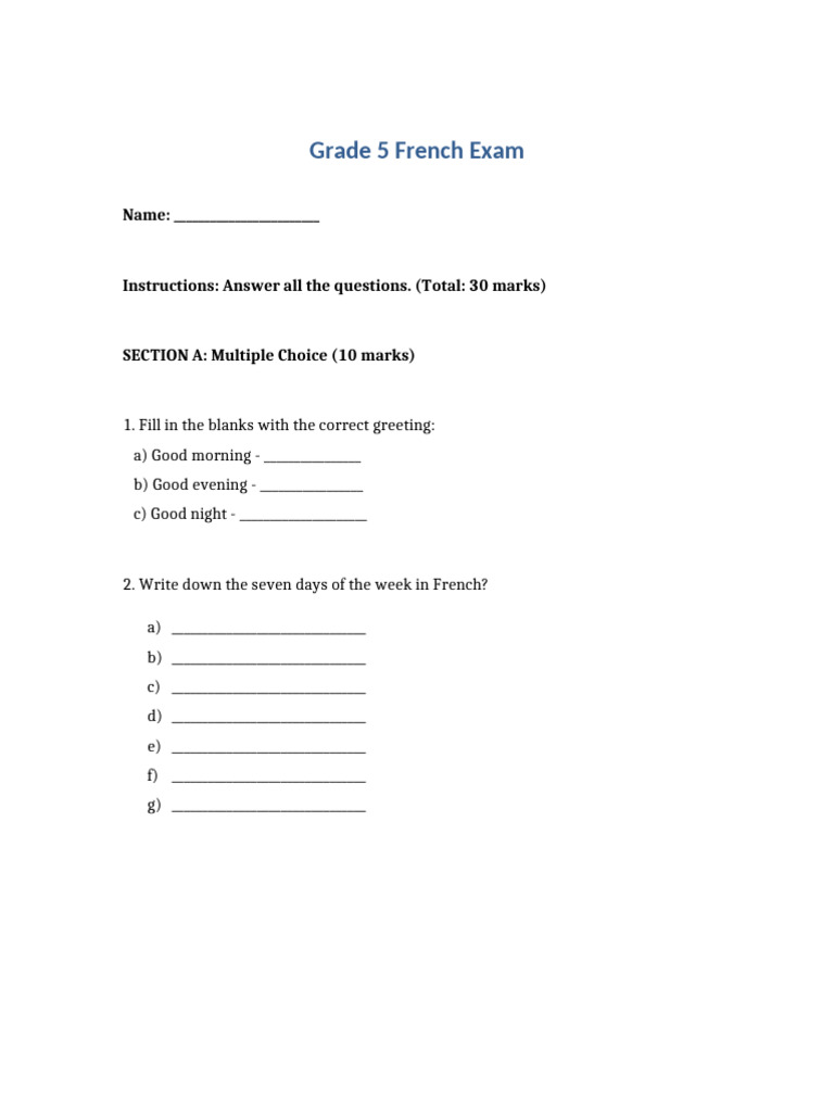 Grade 5 French Exam Paper | PDF