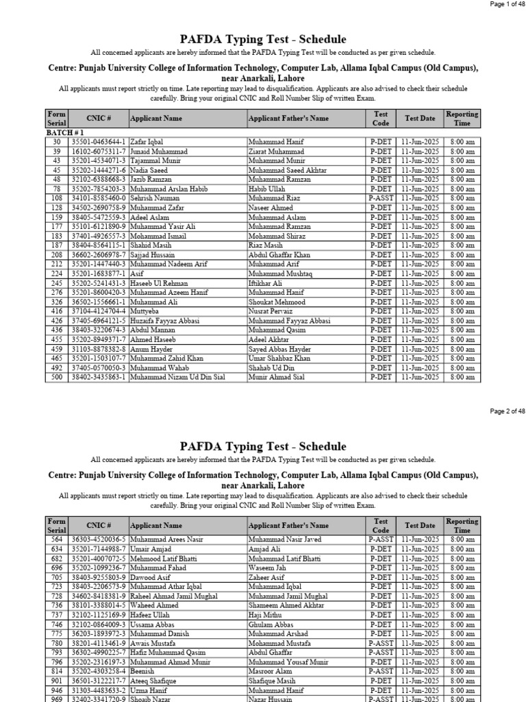 Pafda Typinig Test - Schedule 02-06-2025 | PDF | Lahore