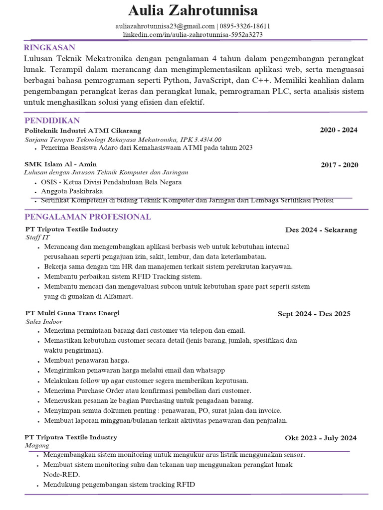 CV & Surat Lamaran Aulia Zahrotunnisa | PDF