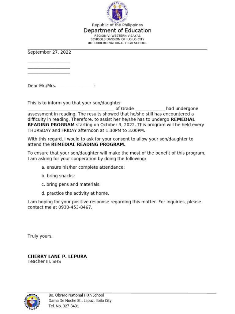 Remedial Reading Program Notification | PDF | Learning Methods | Teaching