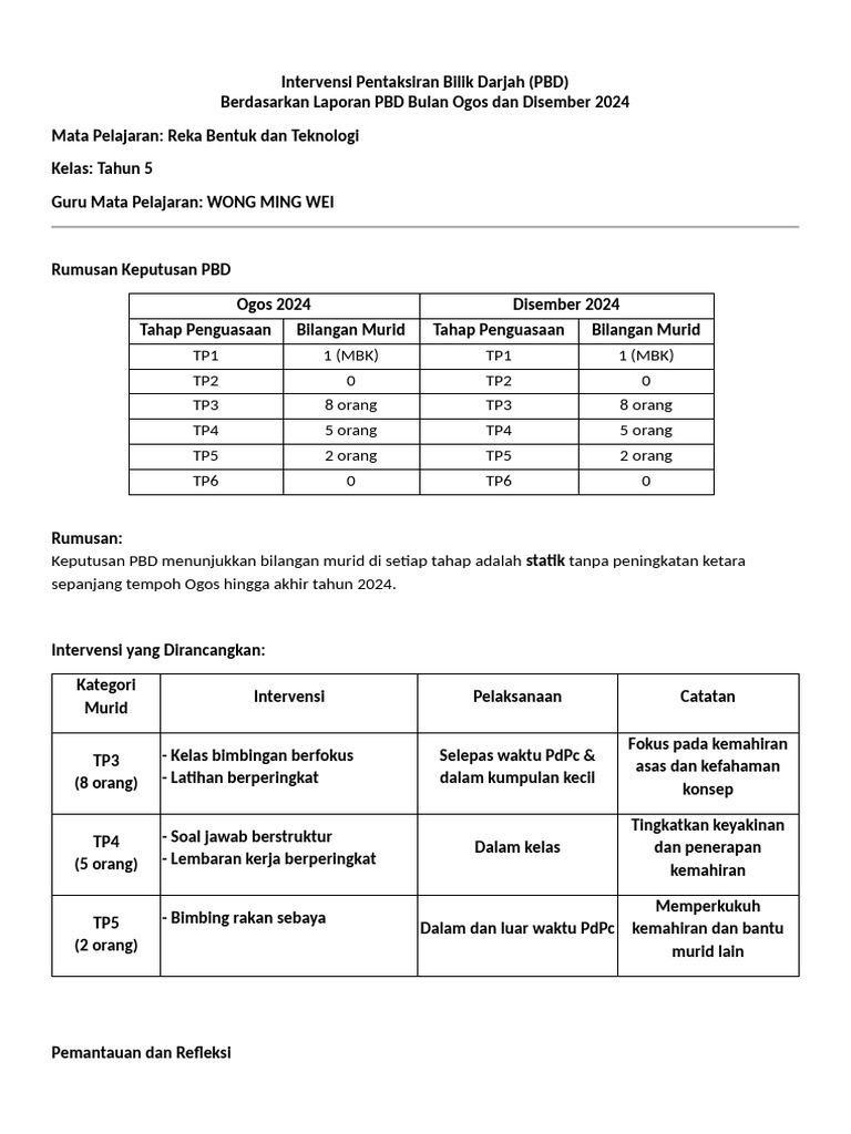 Intervensi PBD RBT Tahun 5 2024 | PDF