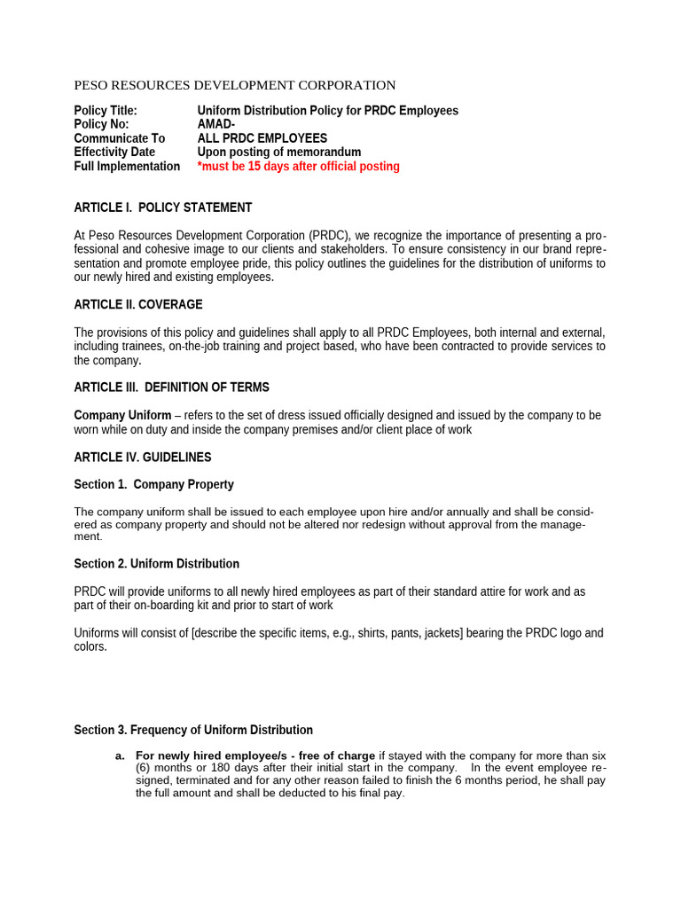 Revised - Uniform Policy | PDF | Employment | Regulatory Compliance