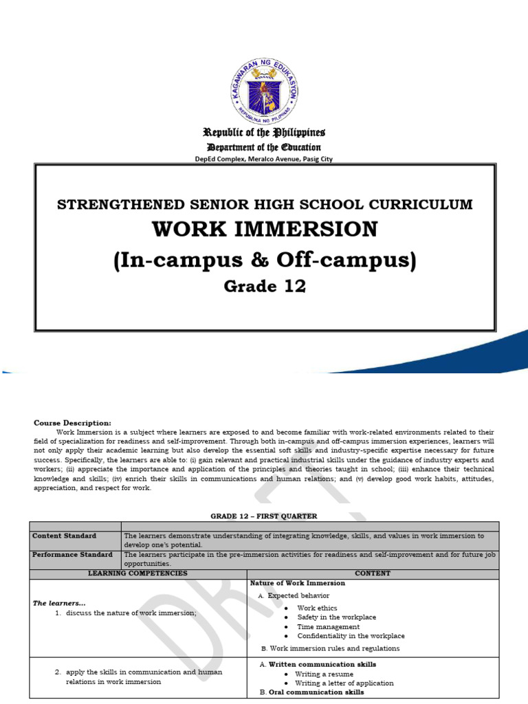 Shs - Fishe - Work Immersion (In Campus & Off Campus) | PDF | Learning ...