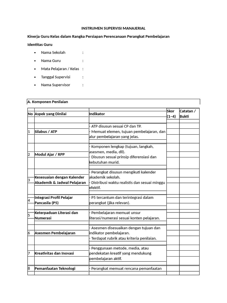 Instrumen Supervisi Manajerial Guru Kelas | PDF