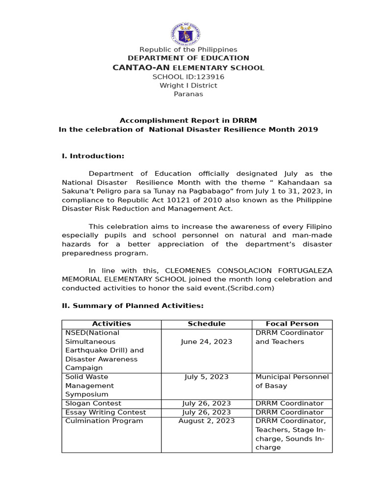 DRRM Accomplishment Report | PDF | Civil Defense | Risk