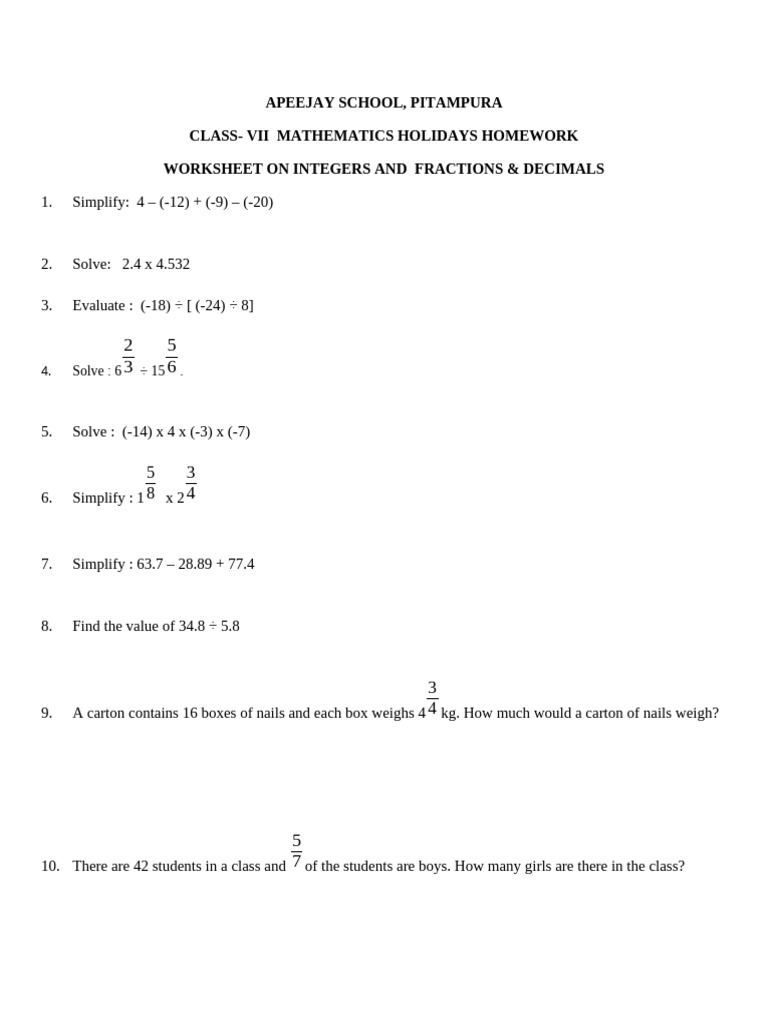 Worksheet On Integers and Fractions and Decimals 2024 | PDF