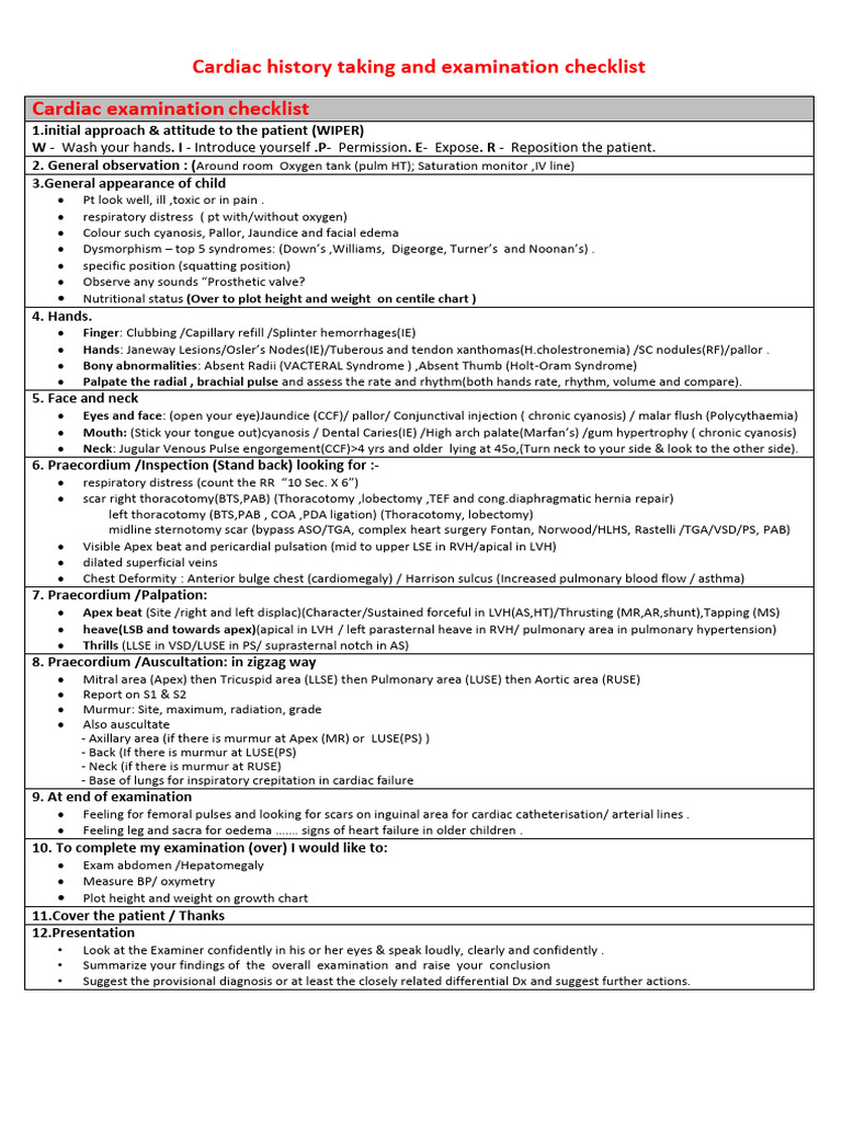 Cardiac Examination and History Checklist | PDF | Heart | Clinical Medicine