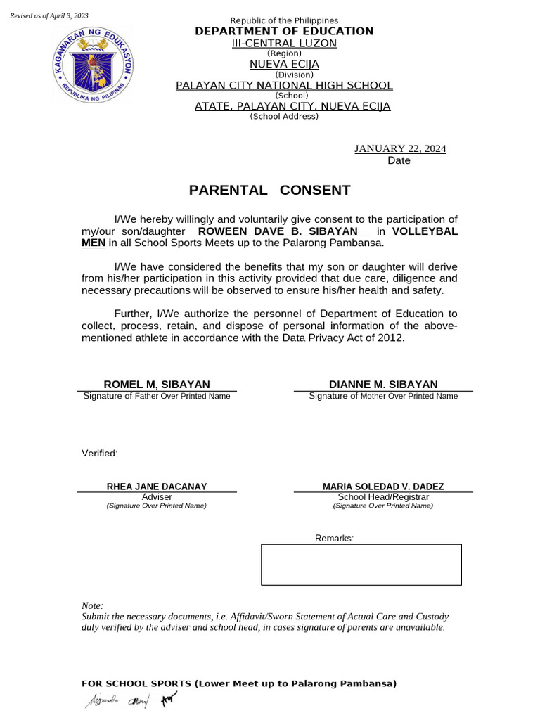 Parents Consent Revised 2 | PDF | Affidavit | Document