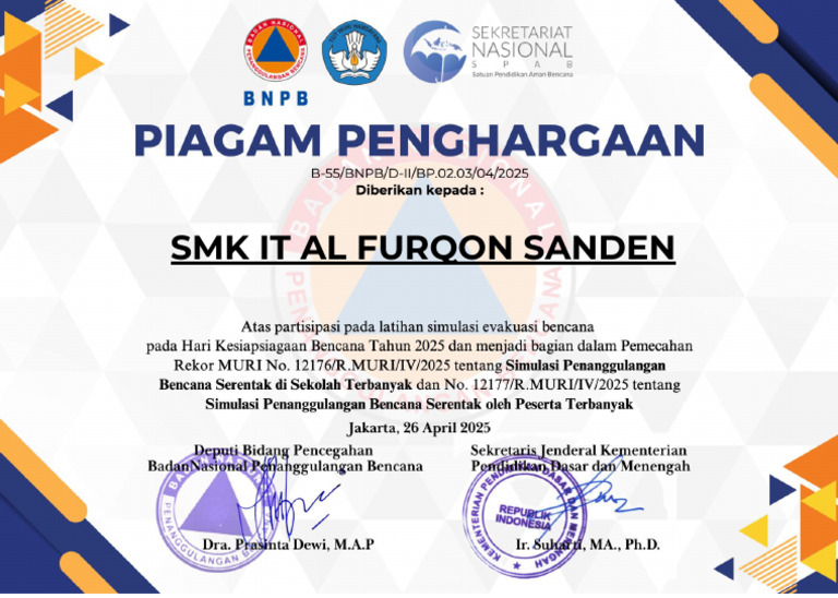 Piagam Penghargaan HKB 2025 SMK It Al Furqon Sanden | PDF