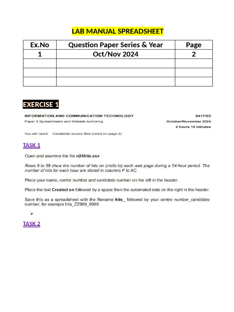 Lab Manual Spreadsheet | PDF