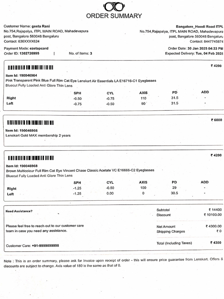 Eye Glasses Receipt | PDF