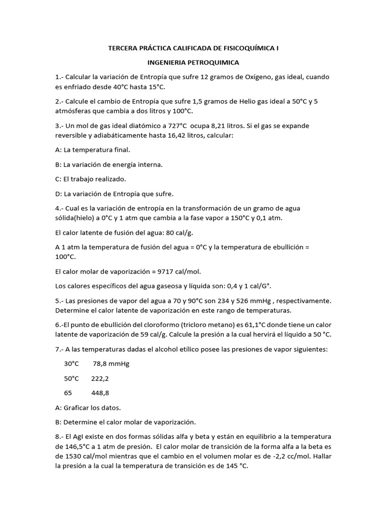 Tercera Practica Calificada Qu 370apq Fisicoquimica I | PDF | Combustión | Catálisis