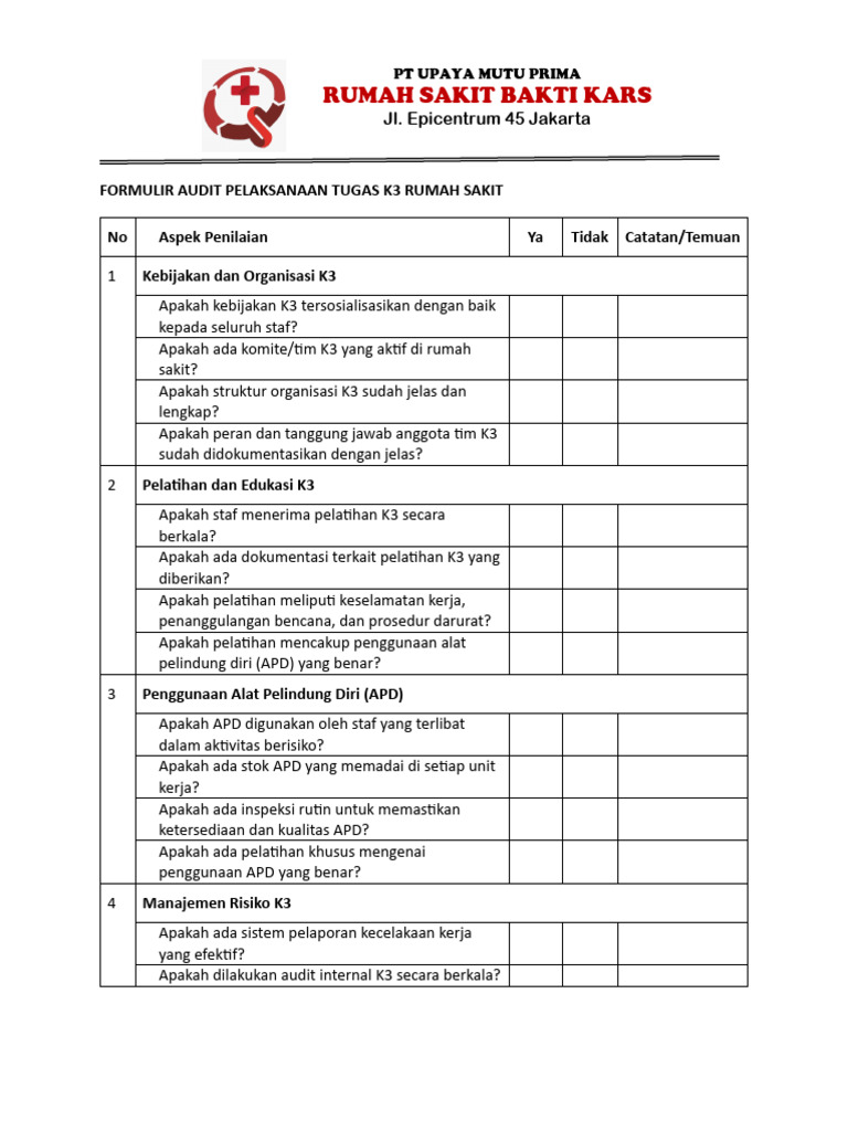 4formulir Audit Pelaksanaan Tugas k3 Rumah Sakitedit 781 | PDF