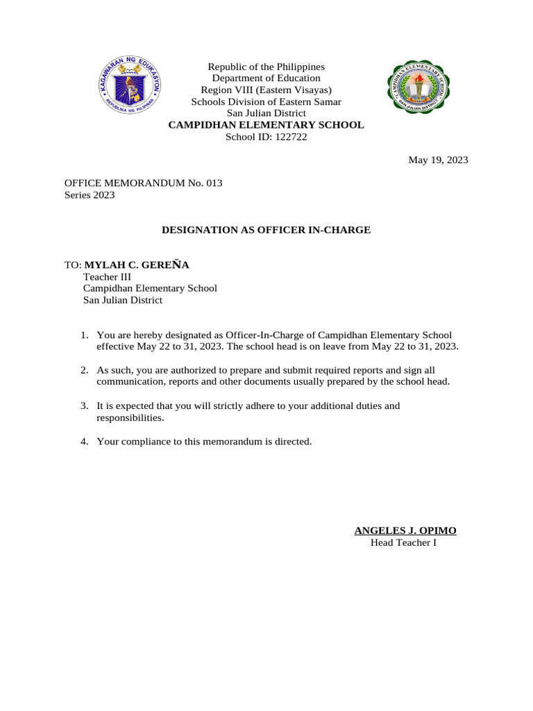 Officer-In-Charge Designation Memo | PDF