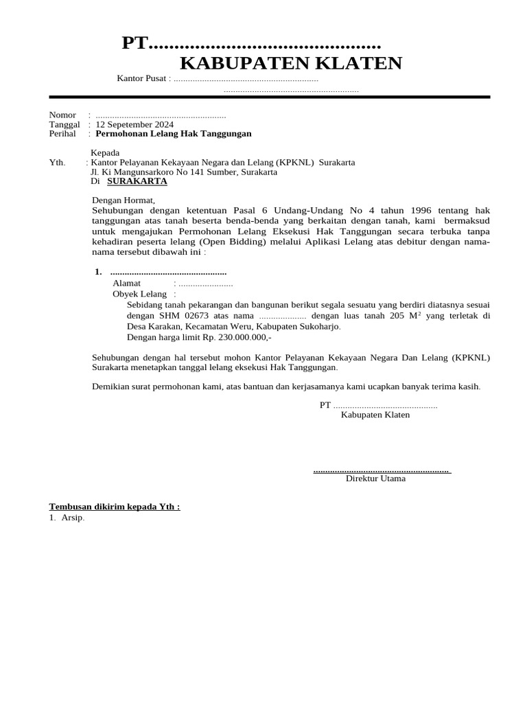 Contoh Permohonan Lelang | PDF