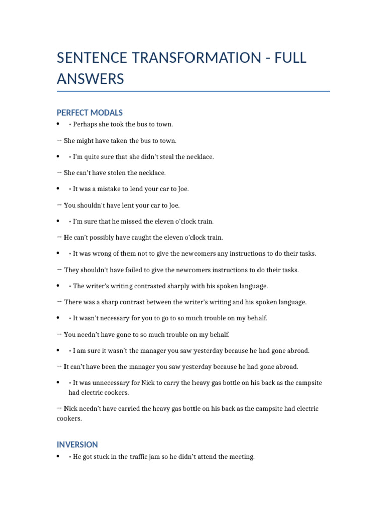 Sentence Transformation Examples | PDF