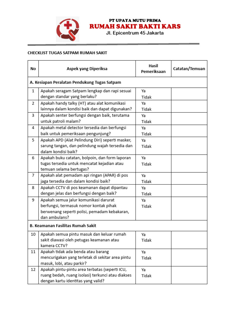 2checklist Tugas Satpam Rumah Sakitedit 781 | PDF