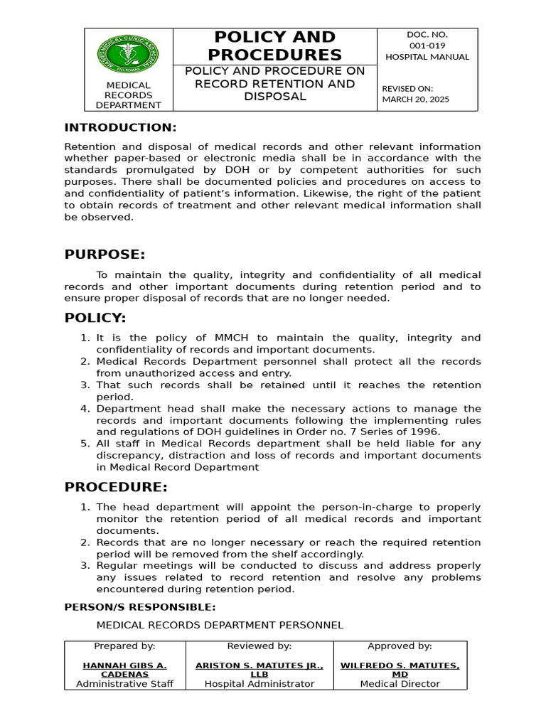 2025 - Policy On Records Retention and Disposal | PDF | Medical Record ...