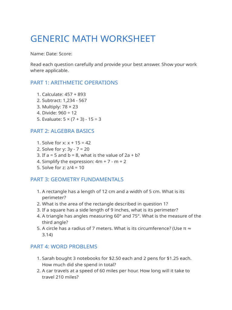 Math Worksheet With Answers | PDF
