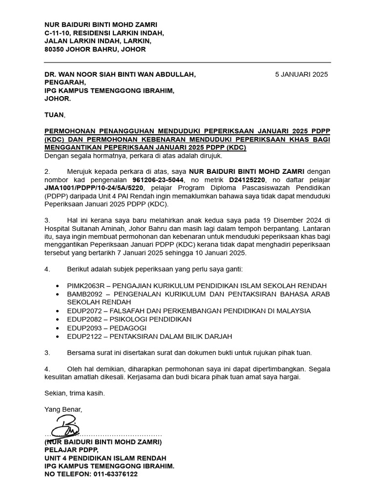 Permohonan Penangguhan Peperiksaan & Kebenaran Menduduki Peperiksaan Khas (Nur Baiduri) | PDF